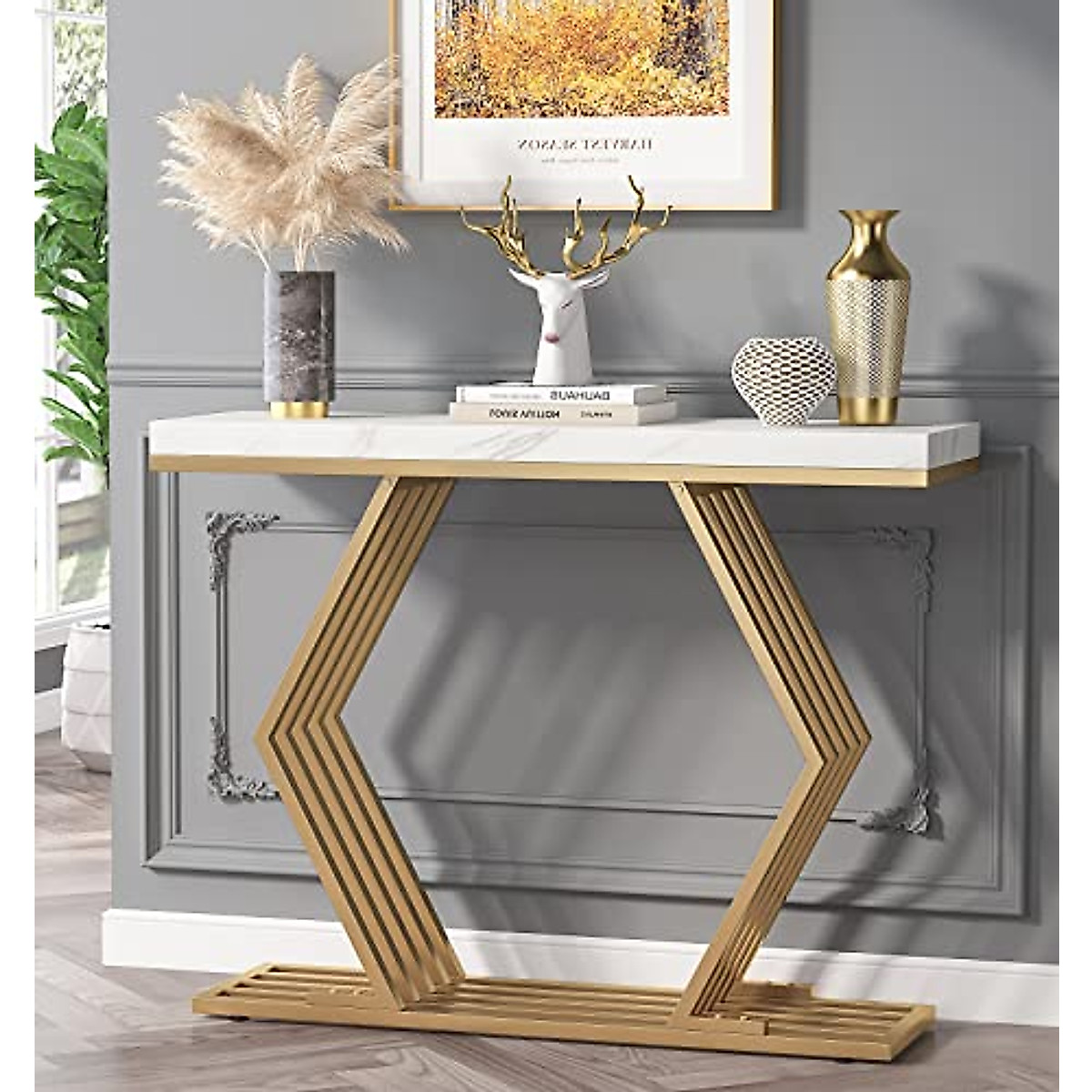 Tribesigns 42 inches Modern Gold Console Table with Geometric Metal Base, White Faux Marble Narrow Entryway Table Foyer Table for Entrance, Living Room, Hallway, Entryway