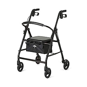 Medline Aluminum Rollator Walker with Seat, Folding Mobility Rolling Walker has 6 inch Wheels, Black