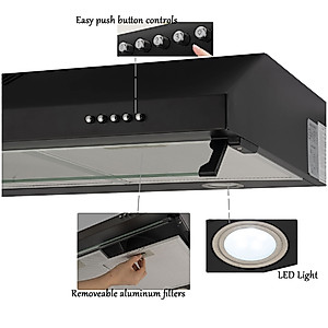 HTH HTHomeprod 36 Inch Under Cabinet Range Hood Stainless Steel Kitchen Stove Vent 3 Speeds Exhaust Fan Black Color