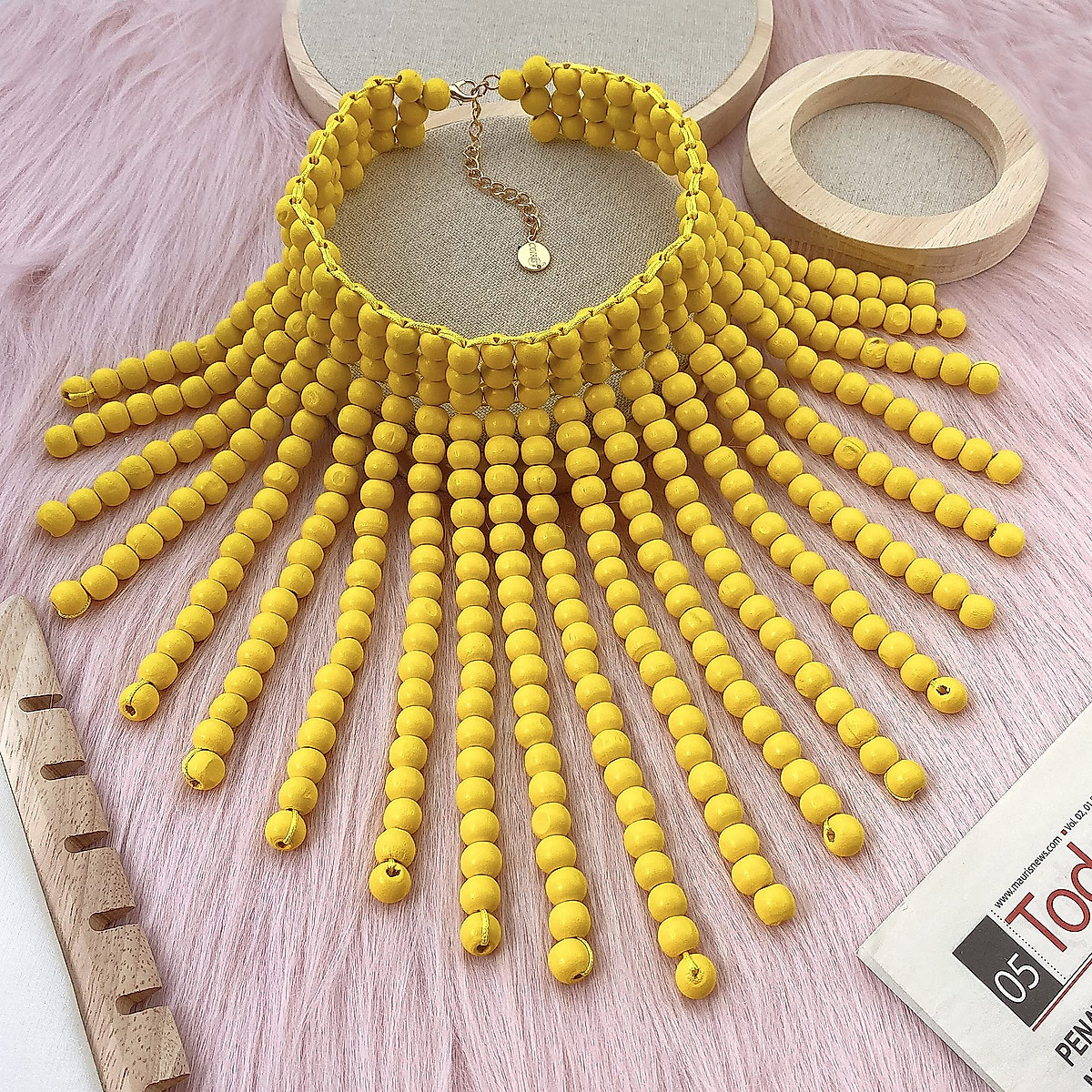 Coiris Boho African Wooden Beaded Bib Statement Necklace Strands Layered Cluster Chunky Collar Choker Wood Necklace for Women Fashion Costume Jewelry(N0065-Yellow)