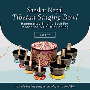 Sanskar Nepal - Tibetan Singing Bowl Set of 7, Handcrafted Singing Bowl for Meditation & Holistic Healing, Yoga Accessories, 3-5” Brass Singing Bowls with Wooden Striker, Cushion & Yellow Carry Box