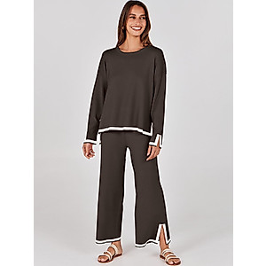 ANRABESS Women's Two Piece Outfits Long Sleeve Knit Pullover Sweater Tops & Wide leg Pants Casual Lounge Matching Sweatsuit Tracksuits Sets Coffee Large