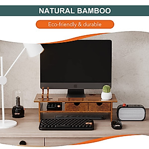 WAYTRIM Bamboo Wood Monitor Stand Ergonomic Computer Riser with Storage Organizer Drawers Desktop Laptop Shelf Risers Cellphone Stand for Home and Office Use, Classic Antique Brown