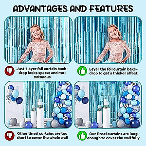 3 Pack Foil Fringe Backdrop Curtains - Light Blue Tinsel Streamers for Birthday Graduation Class Disco Bachelorette New Year Party Decorations