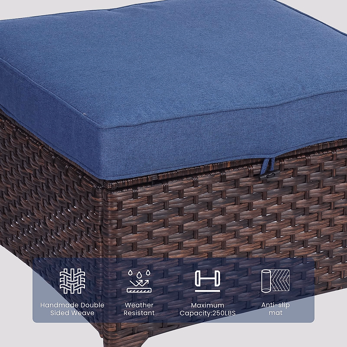 Outdoor Patio Ottoman Set of 2,Wicker Ottoman Seat with Comfy Cushions, Patio Rattan Furniture,Outdoor Ottoman Foot Rest with Steel Frame,All Weather Rattan Wicker Ottoman Seat for Backyard Porch