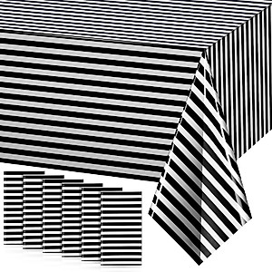 6 Pieces Plastic Black and White Stripe Tablecloth, 54 x 108 Inch Geometric Stripe Waterproof Table Cover, Disposable Rectangle Table Cloth for Kitchen Dining Room Holiday Party Picnic Decoration