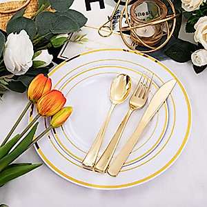 WELLIFE 96 Pcs Gold Plastic Plates, Disposable Gold Silverware and Cups, Gold Dinnerware Set Perfect, Includes: 16 Dinner Plates 10.25", 16 Dessert Plates 7.5", 16 Cutlery