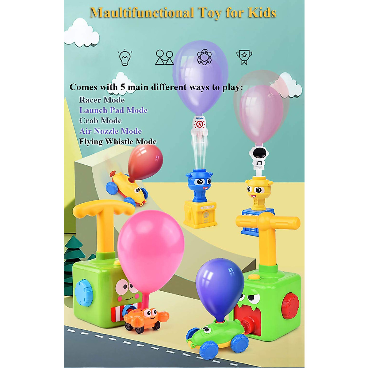 NEXTAKE Balloon Powered Car Launcher Toy Set, Aerodynamics Air Powered Toy Balloon Power Racer Balloon Car Toy with Pump, Launch Pad, Astronaut, Rocket (Duck with Launch Pad)