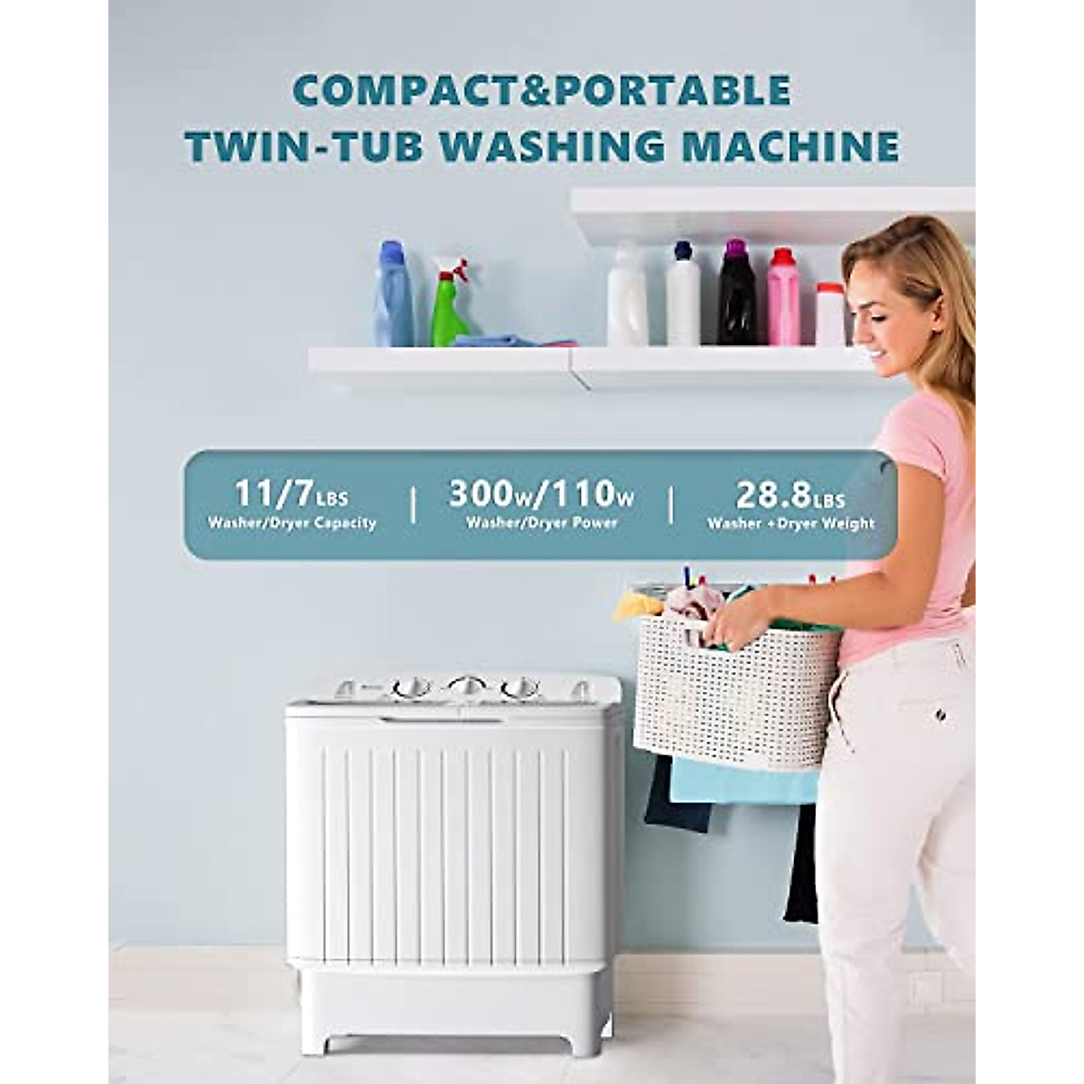 ARLIME Portable Clothes Washing Machine, 17.6lbs Mini Twin Tub Washer & Spinner Dryer Combo Compact Washer (11lbs) & Spin Dryer (6.6lbs) Sets Laundry Machine W/Time Control for Apartments, Dorms, Bathroom or RV Camping