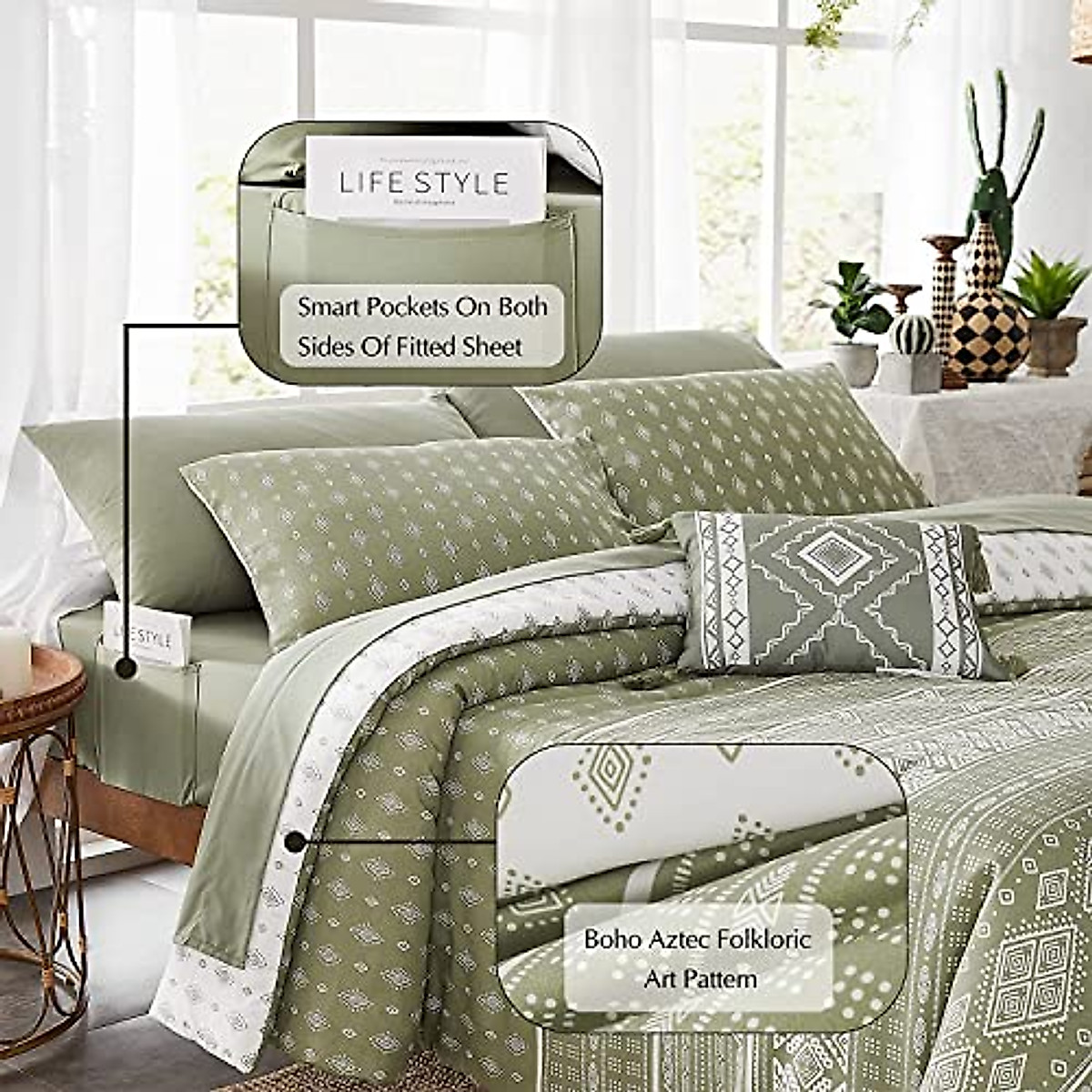 Geniospin Full Comforter Set, Olive Green Boho Aztec Comforter Set 8 Pieces, All Season Reversible Bed in A Bag, Soft Microfiber Fill Bedding, Lightweight, Warm and Breathable (Full, 80"x90")
