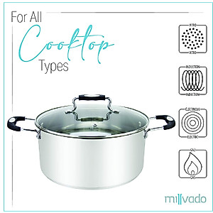 Millvado Stainless Steel Casserole Pot, Large Steel Dutch Oven, Boiling Pot for Soup, Spaghetti, Braising, 8.4 Quart Induction Cooking Pot, Urban Collection Low Round Mirrored Stainless Pots