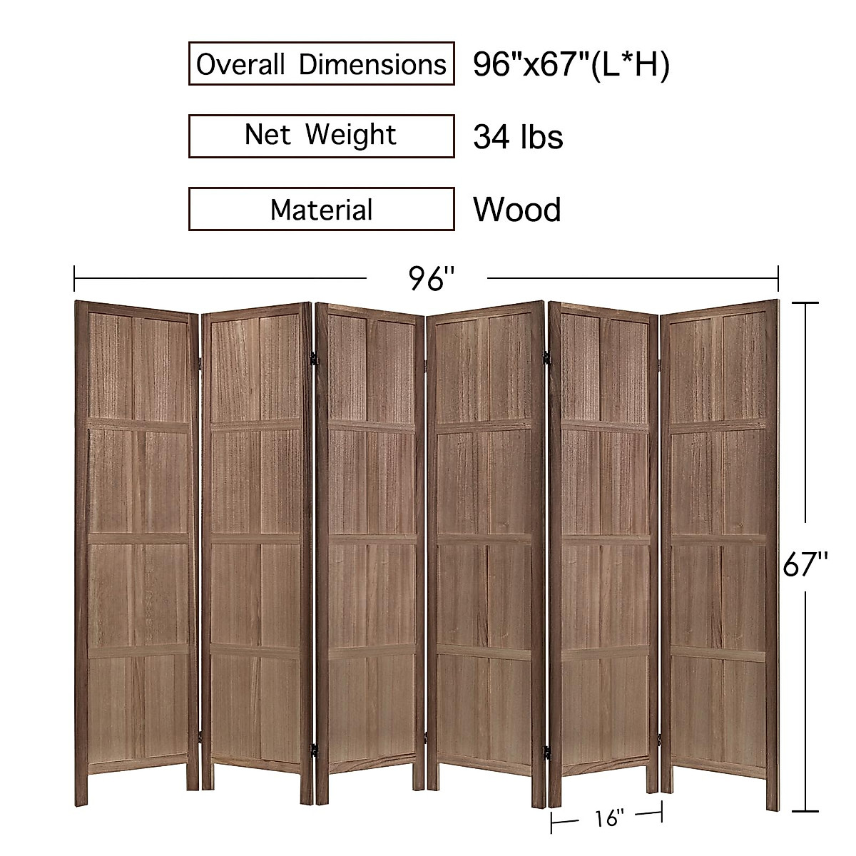 RHF 6 Ft.Tall Room Divider with Stand,19" Each Panel,Rustic Folding Privacy Screens,Heavy Duty Partition Wall Dividers, Room Separator, Temporary Wall, Screen Panel with Feet, 6 Panel, Brown