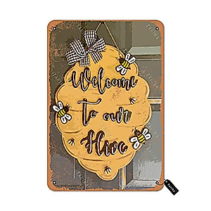 Welcome to Our Hive with Honey Bees Vintage Look Metal 8X12 Inch Decoration Painting Sign for Home Kitchen Bathroom Farm Garden Funny Wall Decor