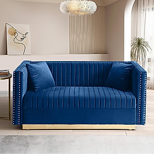 mikibama Luxury Velvet Sofa Set for Living Room, Modern Decor Furniture Channel Sofa Couch and Loveseat with Nailhead Gold Metal Legs and 4 Pillows for Bedroom, Hall, Blue