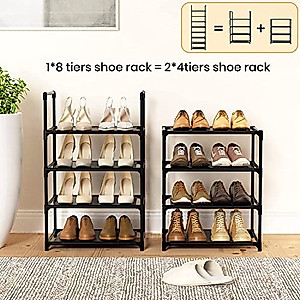 LANTEFUL 8 Tiers Tall Shoe Rack, Narrow Vertical Shoe Rack for Entryway Closet, 16-20 Pairs Shoe and Boots Organizer Storage Sturdy Shoe Shelf, Metal Stackable Shoe Stand with Hooks