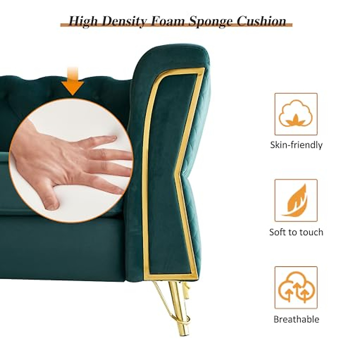 Tmsan 87.4" Velvet Sofa Couch, Mid-Century Modern Chesterfield Loveseat Classic Button Tufted 2 Seater Couch with Golden Legs for Living Room Office Bedroom (Emerald)