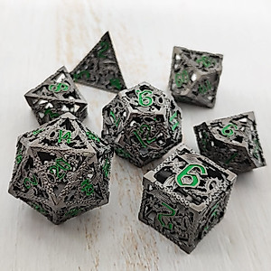 DND Dice Set Dungeons and Dragons Metal D&D Dice Polyhedral Dice Set RPG MTG Pathfinder Shadowrun Roleplaying Dice Games Gifts Accessories D N D Hollow Dice D20 D12 D10 D8 D6 D4, Black Nickel Green