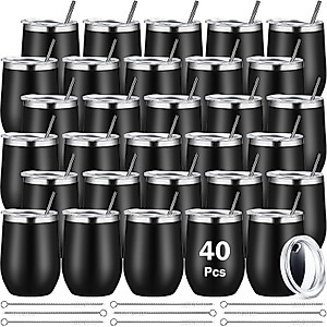 Sieral 40 Pack Insulated Wine Tumbler 12 oz Stainless Steel Wine Glasses Bulk with Lids Straws Double Wall Vacuum Cups Stemless Coffee Cup Nurse Week Gift for Coworker Lover(White)