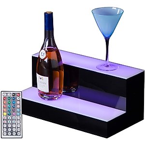 ROVSUN 2 Step 16 Inch LED Lighted Liquor Bottle Display Shelf, Illuminated Bar Shelves with Remote Control, Acrylic Lighted Drinks Lighting Shelves for Liquor Bottles Commercial Home Bar Accessories