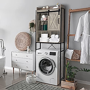 VINGLI Rustic Over-The-Toilet Storage Cabinet, Farmhouse Sliding Barn Door Bathroom Rack Space Saver Oragnizer w/Adjustable Shelves and Steel Frame (Wash Grey)