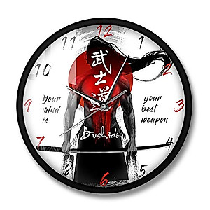 The Geeky Days Samurai with Katana Sword Japanese Calligraphy Bushido Silent Quartz Wall Clock Martial Arts Man Cave Metal Frame Watch Home Decor Japan Mens Gift