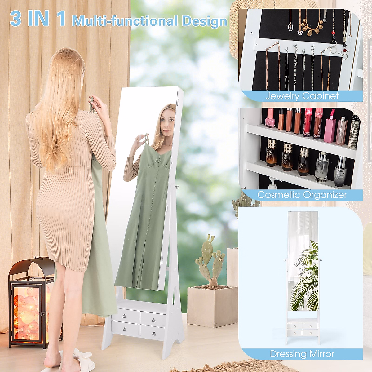 GOFLAME Jewelry Cabinet Freestanding, LED Lighted Jewelry Armoire with Full-length Frameless Mirror, Foldable shelf, 6 Drawers, Lockable Mirrored Jewelry Cabinet with 3 Adjustable Angle (White)