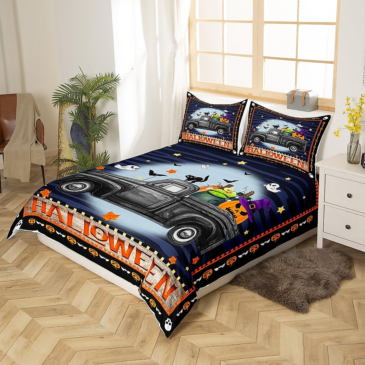 Feelyou Halloween Duvet Cover Full Size with 2 Pillow Cases Halloween Decor Comforter Cover Happy Halloween Bedding Set Black Cartoon Truck Bedspread Cover for Kids Adults