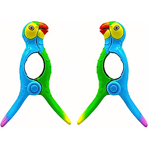 Performore 2 Pack of Parrot Beach Towel Clips, Portable Towel Holder Clips, Secure Clips for Beach Chairs Deck Patio Pool Boat Cruise Lounge Chair Accessories (Light Blue and Green)