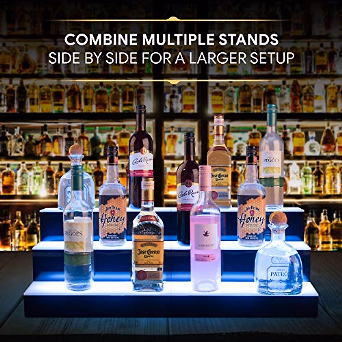 Savvy Life Selects LED Liquor Shelf– 3 Tier Bar Bottle Display – Colorful Light Bar Shelf – LED Colors & Light Effects – Lighted Liquor Shelves with Plug – Remote Control and Spouts Included