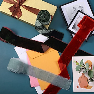 4 Rolls Christmas Velvet Ribbon for Gift Wrapping 2 in x 8 yd Fringe Frayed Fabric Ribbon Raw Edge Wired Velvet Ribbon for Wedding Invitations Bridal Bouquet DIY Craft Tie Decor (Green Series)