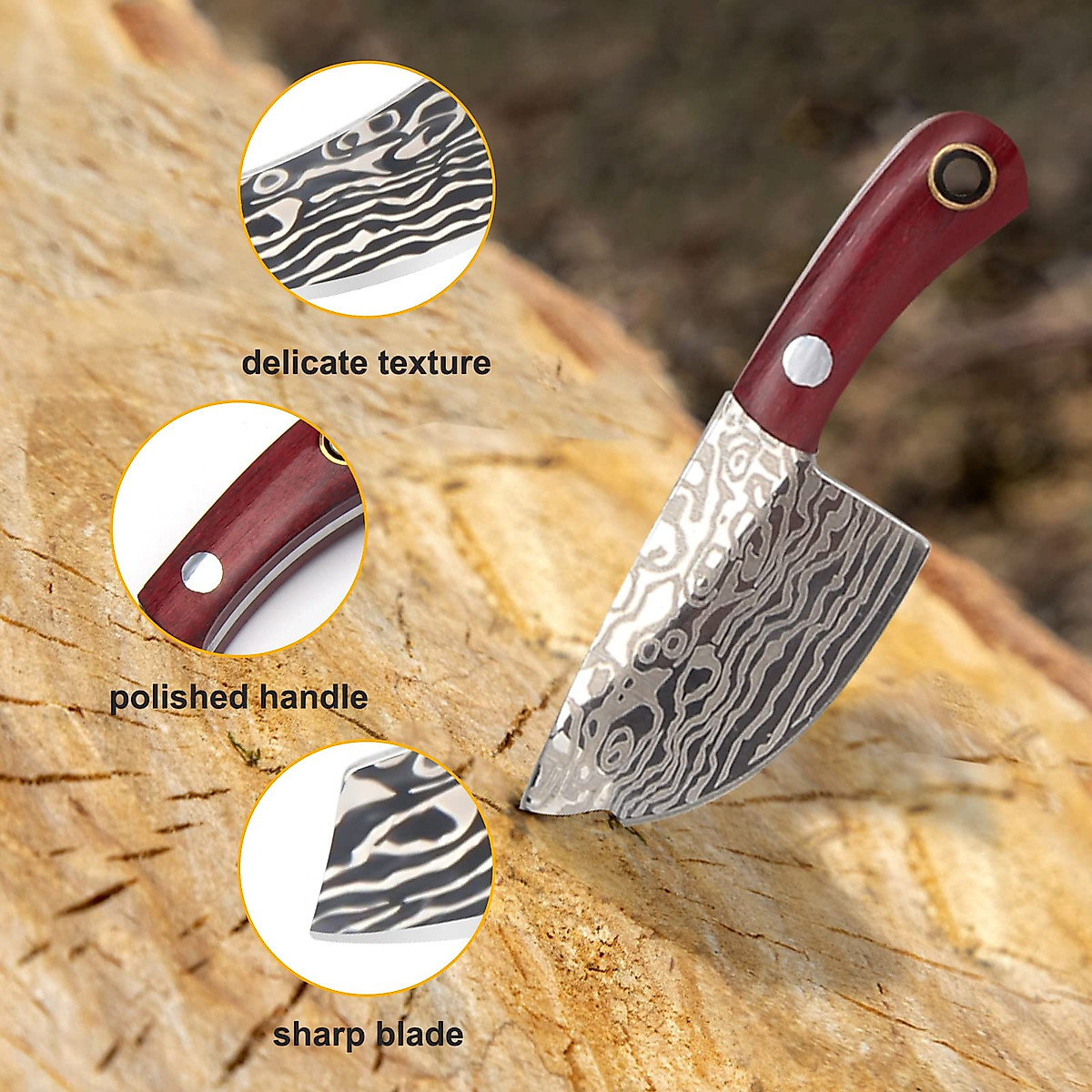 Pletpet 4 Pieces Mini Damascus Pocket Knife Set, Tiny Kitchen Chef Knife Set Portable Small Keychain Pocket Knife Cleaver for Package Opener Box Cutter Letter Opener