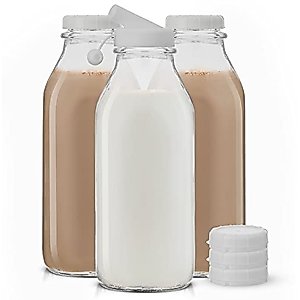 Milk Bottle with Lid AND Pourer Multi-Pack. 32 Oz Reusable Glass Bottles with 6 Lids! Jug Pitcher, Buttermilk, Water or Juice Bottles with Caps, Syrup, Honey or Sauce Container