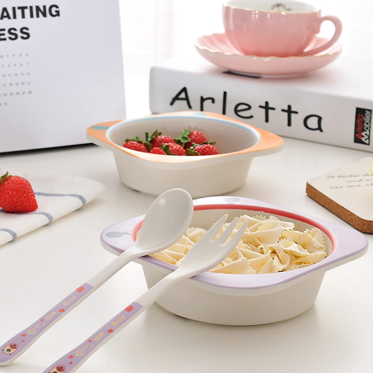 Lyellfe 6 Pack Bamboo Kids Bowls, 10 Oz Unbreakable Cute Bowls for Kids, Fun Cartoon Bowls, Kids Tableware Cereal Bowls for Soup Noodle Pasta, BPA Free, Dishwasher Safe