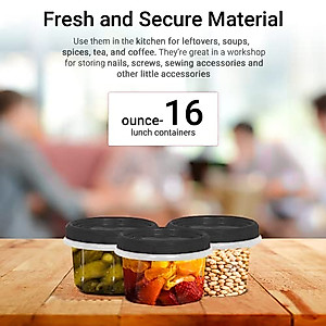 [Black - 12 Pk] Airtight Deli Containers with Lids Twist Lock Top Clear Food Storage for Meal Prep Snacks and Leftovers Freezer and Microwave Safe Stackable Leak-Resistant and 12 Pc. Set (16 Ounce)