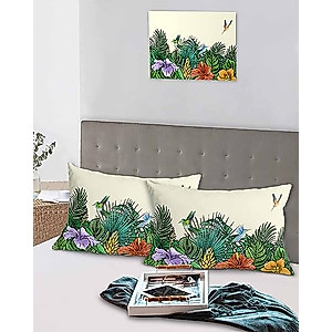 Edwiinsa Summer Tropical Plant Pillow Covers Standard Size Set of 2 20x26 Bed Pillow, Rustic Green Spring Floral Birds Plush Soft Comfort for Hair/Skin Cooling Pillowcases with Envelop Closure
