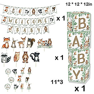 HEETON Woodland Baby Shower Party Supplies Decorations Boxes Fox Balloon Oh Baby Welcome Baby Banner Creatures Fawn Animal Friends Garland Backdrop Cake Cupcake Topper for Girl Boy Gender Reveal