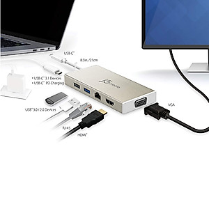 j5create USB-C 3.1 Mini Hub- USB 3.1/3.0/2.0| HDMI 1920 x 1200 @ 60 Hz/VGA 1920 x 1200 @ 60 Hz | Gigabit Ethernet | Compatible with USB C Devices