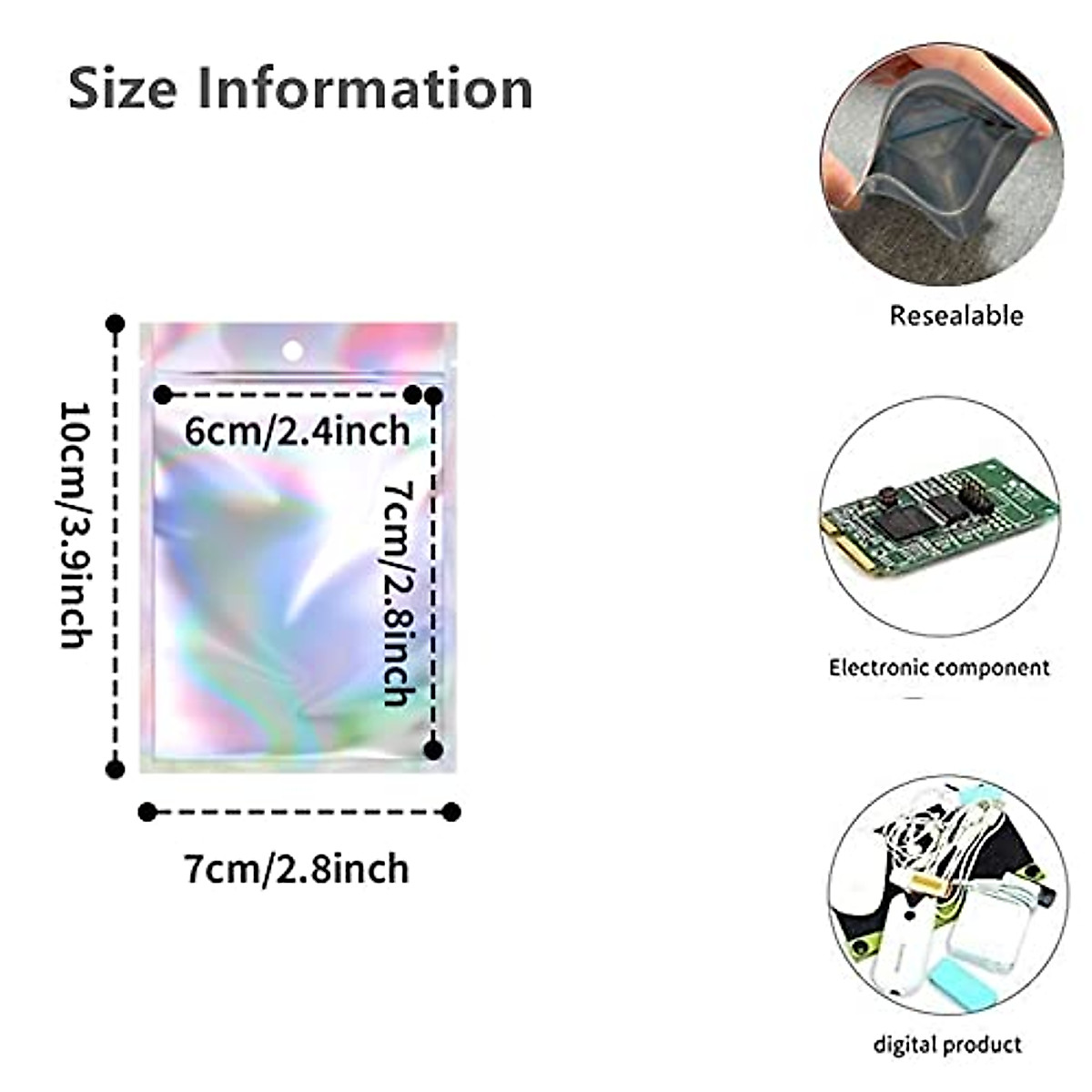 200 Pack Resealable Mylar Bags Smell Proof Pouch Aluminum Foil Packaging Plastic Ziplock Bag,Food Safe Small Mylar Storage Bags For Candy,Jewelry,Screw,2.8x3.9inch(Holographic Rainbow Color)