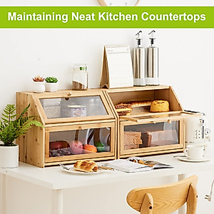 Bread Storage Farmhouse Bread Box For Kitchen Countertop Bread Container With Clear Window Breadbox Double Layer Bamboo Wooden Extra Large Capacity Bin Kitchen Food Storage Container(Trapezoid)Self-Assembly