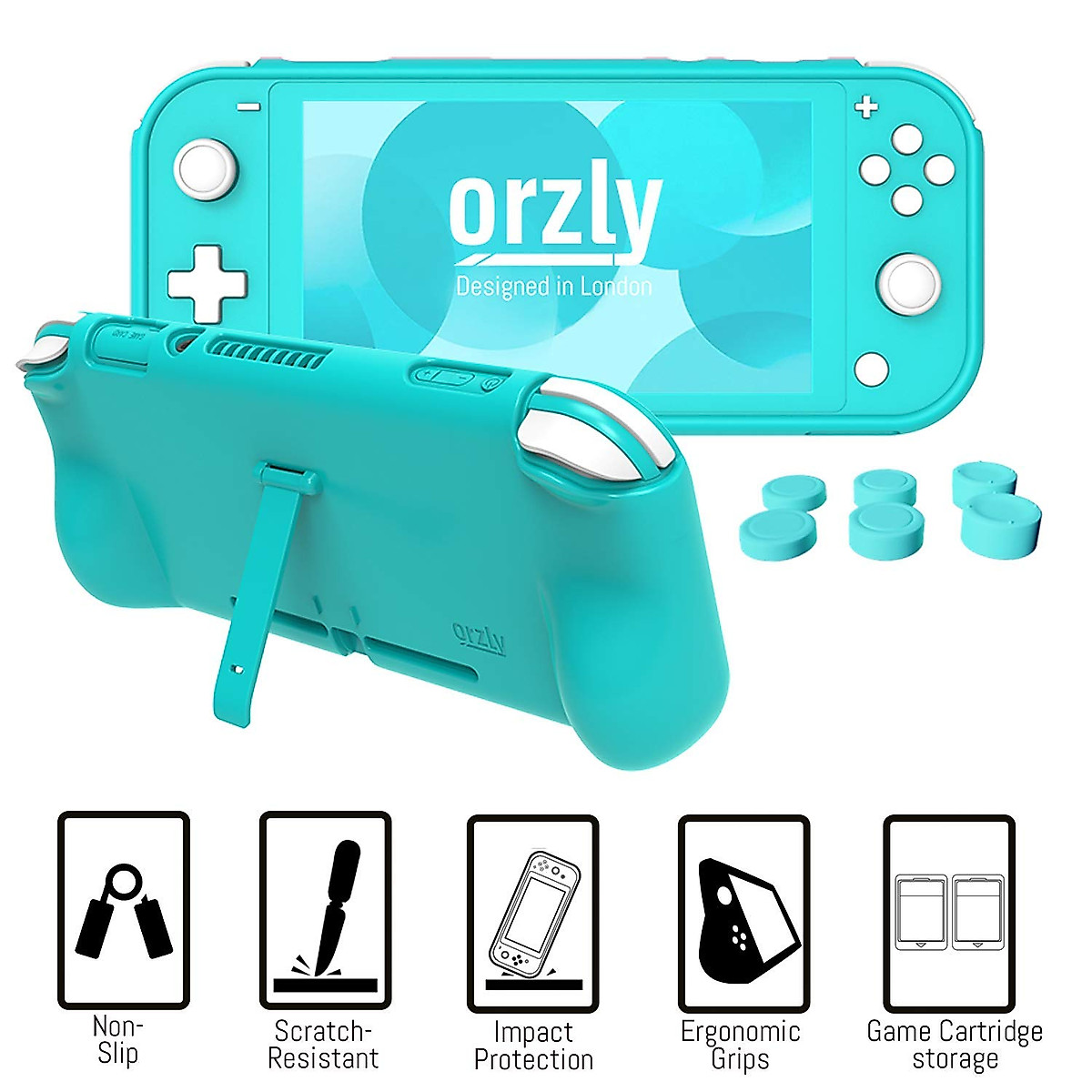Orzly Switch Lite Accessories Bundle - Case & Screen Protector for Nintendo Switch Lite Console, USB Cable, Games Holder, Grip Case, Headphones, Thumb-Grip Pack & More (Gift Pack - Turquoise Blue)