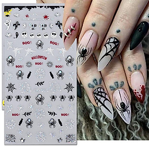 JMEOWIO 12 Sheets Halloween Nail Art Stickers Decals Self-Adhesive Pegatinas Uñas Skull Ghost Witchy Spider Web Bat Pumpkin Spook Nail Supplies Nail Art Design Decoration Accessories