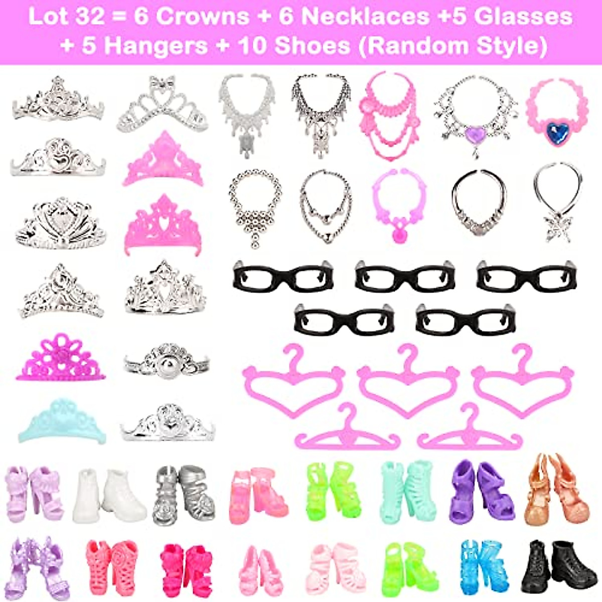BARWA 42 pcs Doll Clothes and Accessories 10 pcs Party Dresses 32 pcs Shoes, Crown, Necklace Accessories for 11.5 inch Doll