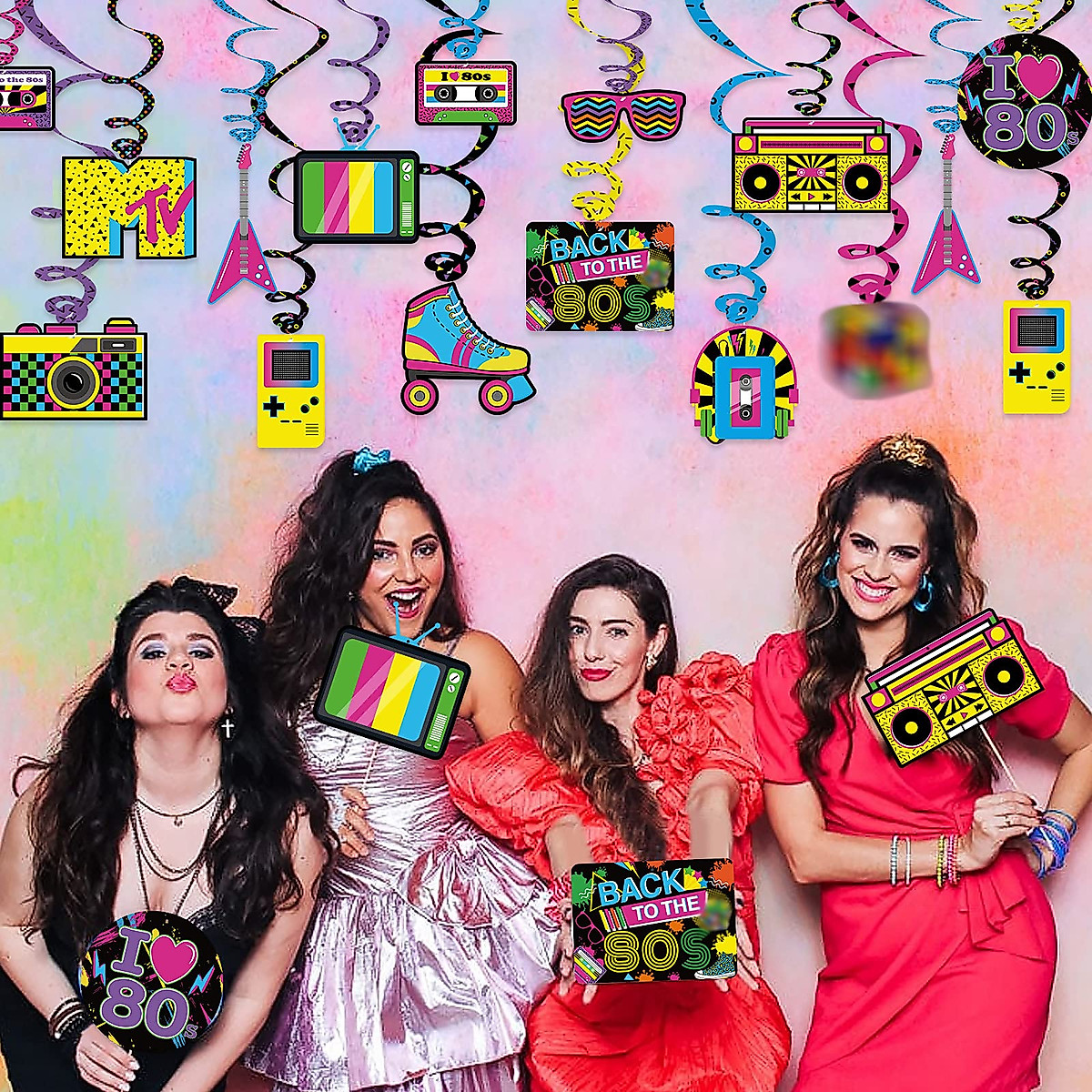 Bessmoso 28Pcs Back to The 80s Party Decorations 80's Party Hanging Swirls Decorations Retro Ceiling Streamers for 1980s Throwback Birthday Party 80s Neon Party Supplies