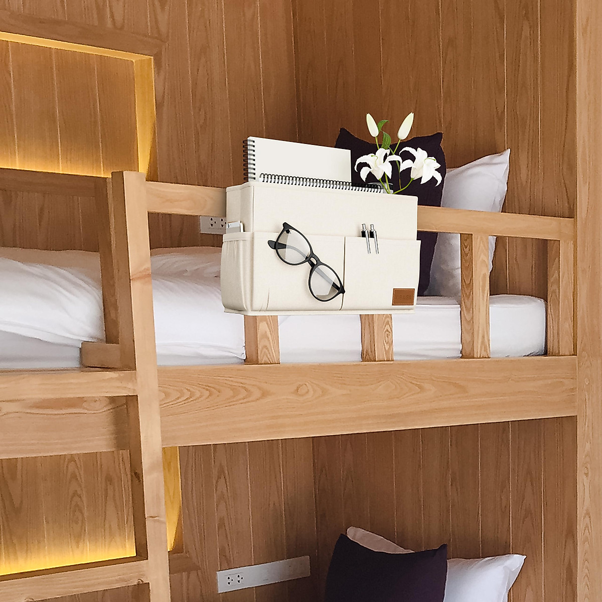 Large Bedside Caddy With Big Pockets And Bottle Holder to Easily Organize All Your Accessories - The Perfect College Dorm Room Storage Essential for Students - Fits All Hospital Beds & Wheelchairs