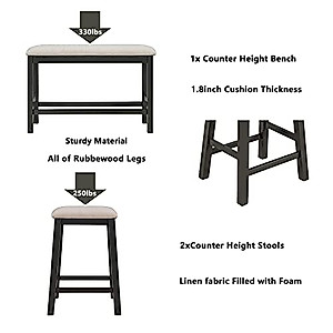 CKLMMC Rustic Wood Kitchen Dining Table Set with 2 Stools and Bench, 4-Piece Counter Height Storage Shelves Drawer, Perfect Choice for Small Places (Gray/2S+1B)