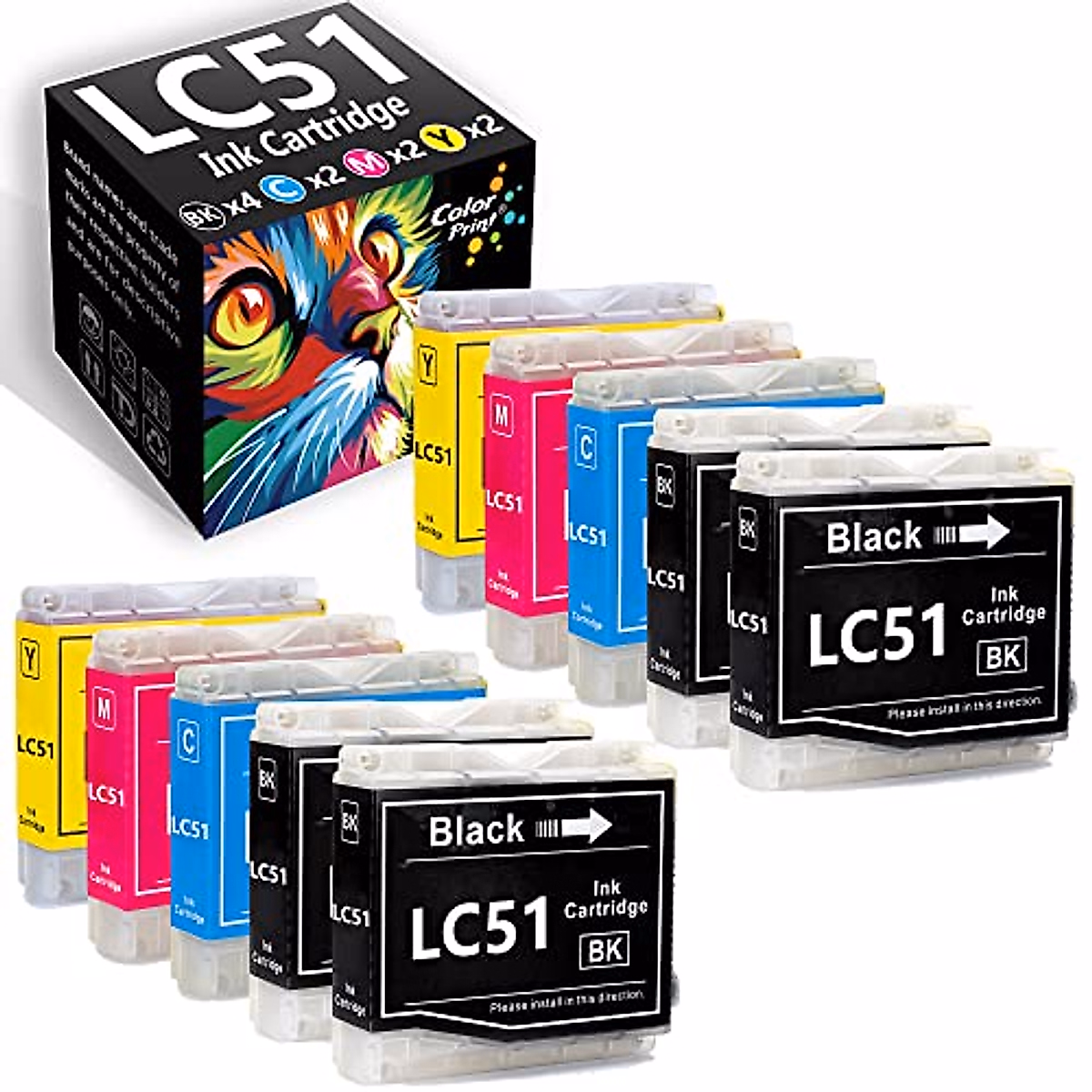 (10-Pack, 4BK,2C,2M,2Y) ColorPrint Compatible LC51 Ink Cartridge Replacement for Brother LC 51 LC-51 fit for DCP-130C DCP-330C DCP-350C MFC-240C MFC-440CN 5460CN 845CW 5860CN 665CW FAX-2480C Printer