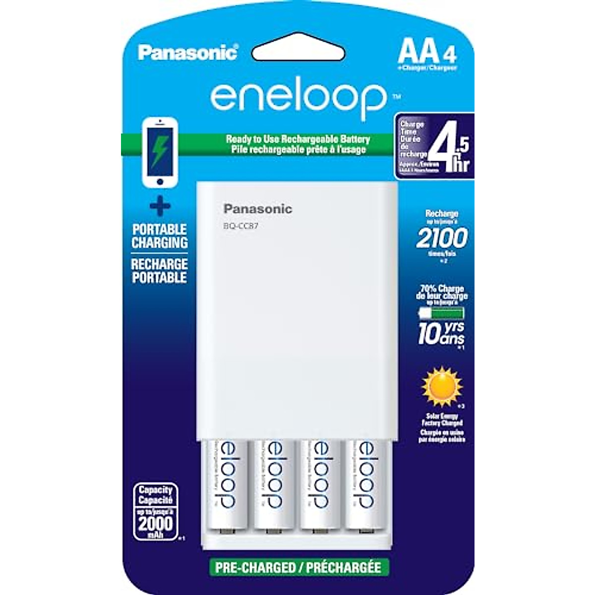 Eneloop Panasonic K-KJ87MCA4BA Individual Battery Charger with Portable Charging Technology and 4AA Rechargeable Batteries, White