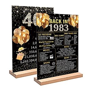 Trgowaul 40th Birthday Anniversary Decorations for Women Men, 2PC Black Gold Back in 1983 Birthday Poster Acrylic Table Sign with Stand, 40 Anniversary Decor Gifts Vintage 1983 Supply 40 Birthday