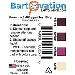 Hydrogen Peroxide H2O2 Test Strips, 0-400 ppm [Vial of 100 Strips]
