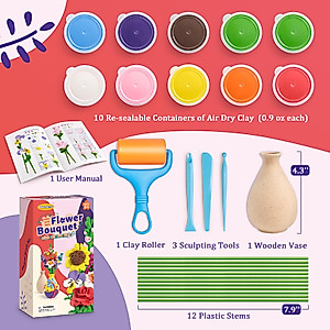 Drama Planet Flower Craft Kit for Kids, Make Your Own Flower Bouquet with Air Dry Clay, Arrange Clay Flowers & Create Personalized Art, Great Gifts for Girls